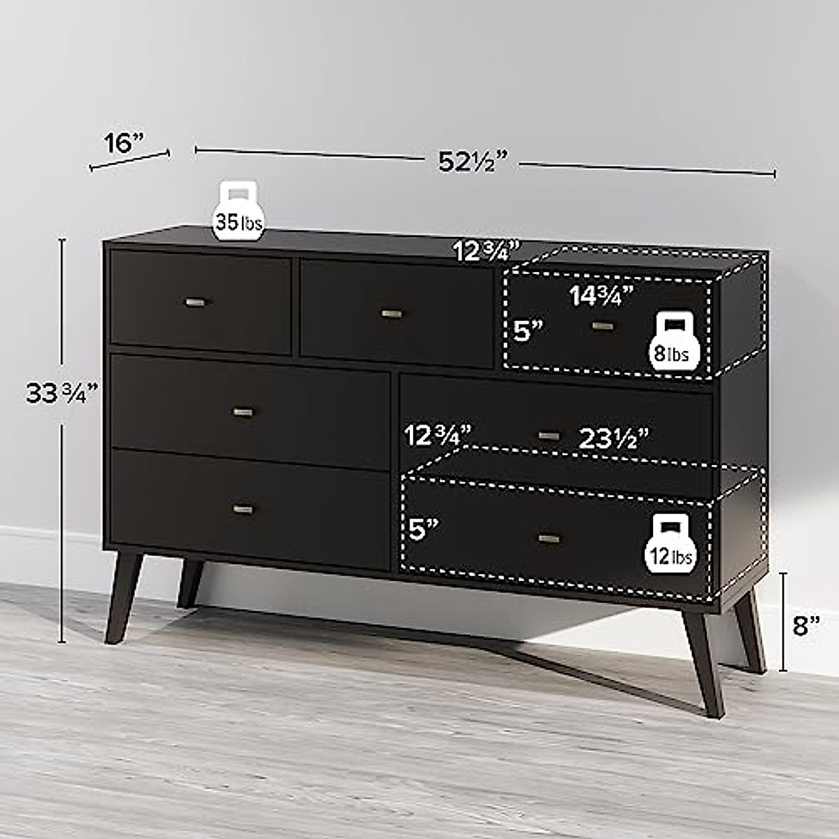 Prepac Milo Mid-Century Modern 7 Drawer Double Dresser for Bedroom, Wide Chest of Drawers, Contemporary Bedroom Furniture, 16" D x 52.5" W x 33.75" H, Black, BDBR-1407-1