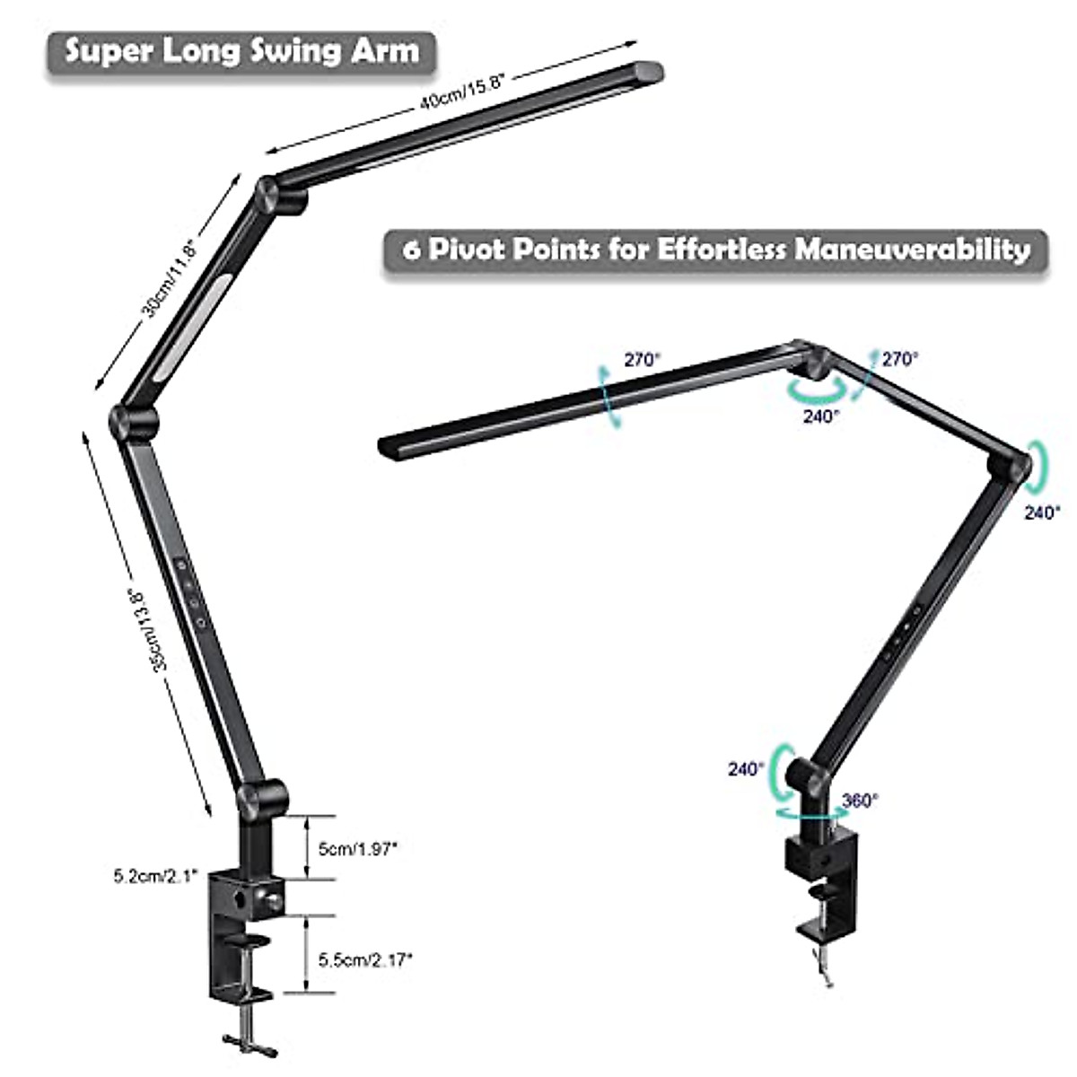 Arteasy LED Desk Lamp, Desk Light for Home Office, Dual Light Source, Eye-Caring Optical Lens, 5 Color Modes & Brightness, Swing Arm Office Lamp, Clamp Lamp with Timer/Memory Function, 18 W(Black)