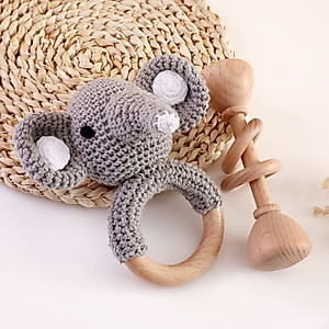 Wooden Baby Rattle Crochet Elephant and Wooden Rattle Baby Toys Set 2pcs Handmade Newborn Toy Early Development Grips Stuffed Animal Organic Rattle (Elephant Set)