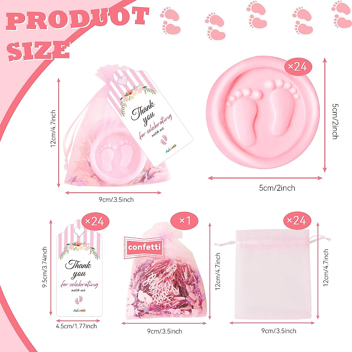 AIXIANG 24 Set Baby Shower Favors Soaps Handmade Pink Little Baby-feet Scented Soap Favors with Gift Bags and Thanks Tags for Baby Shower Favors and Decorations