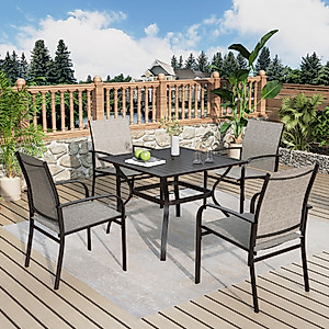 MIXPATIO Patio Table and Chairs Set for 4, 5-Piece Outdoor Dining Set with Brown Textilene Chairs and 37" Square Metal Umbrella Table for Deck Backyard Lawn