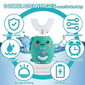 DORCAS U Shaped Toothbrush Kids Electric Toothbrushes, 6 Ultrasonic Cleaning Modes, IPX7 Waterproof, 59S Smart Reminder Toddler Toothbrush(Green Dinosaur, Ages 2-7)