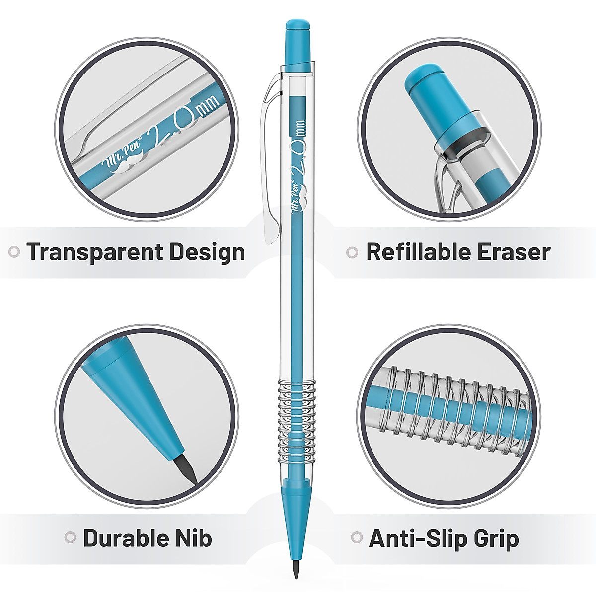 Mr. Pen- Pastel Mechanical Pencil Set with Black Lead and Eraser Refills, Clear Barrel, 0.3, 0.5, 0.7, 0.9, 2mm, Pastel Mechanical Pencils, Cute Mechanical Pencil Set, Aesthetic Mechanical Pencils