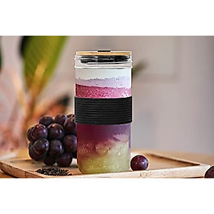 Mason Jar with Lid and Straw, 24oz Wide Mouth Mason Jar Drinking Glasses Tumbler Silicone Straw Bamboo Lid Silicone Sleeve, Reusable Boba Cups Travel Bottle for Iced Coffee Large Pearl Juice, Black