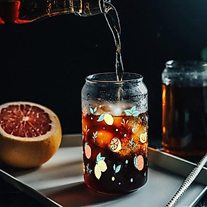 Cold Temperature Change Glass Cup - 4 Pack, 16 oz Can Shaped Glass Cups, Drinking Glasses, Beer Mug, Iced Coffee Mug, Cola Mug, Water Mug, Soda Mug, with Glass Straw and Two Cleaning Brushes