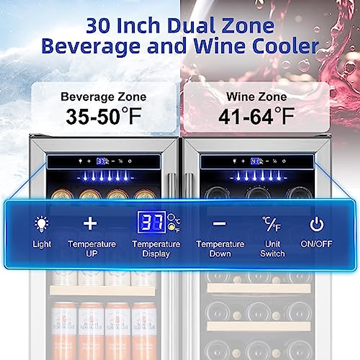 Tylza 30 Inch Wine and Beverage Refrigerator, Dual Zone Wine Beverage Cooler 30" with French Door, Under Counter Wine Beer Fridge Built-In or Freestanding, Holds 29 Bottles and 110 Cans TYBC200