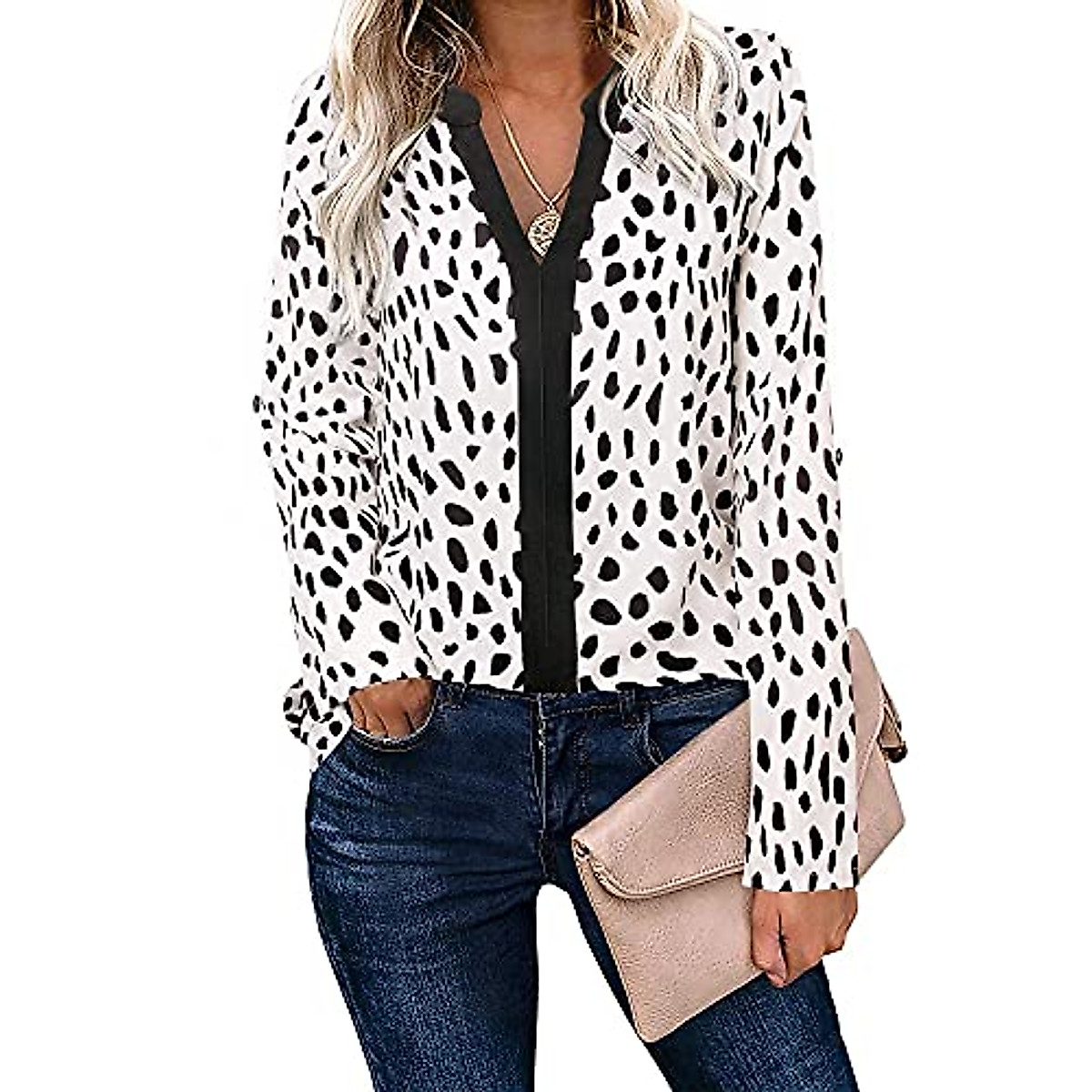 Gaharu Long Sleeve Blouses Women's Fall Tunic Tops Home Wear Henley V Neck Cuffed Sleeve Contrast Color Leopard Shirts for Jeans White Leopard,XX-Large