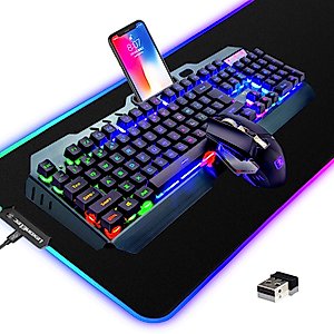 Wireless Gaming Keyboard and Mouse Combo,3 in 1 Rainbow LED Rechargeable Keyboard Mouse with 3800mAh Battery Metal Panel,10 Colors RGB Gaming Mouse Pad (32.5x12x0.15 inch),7 Colors Mute Gaming Mouse