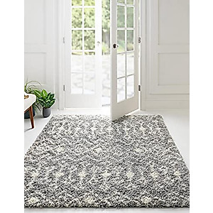Unique Loom Moroccan Trellis Shag Collection Area Rug - Meknes (6' Square, Gray/Ivory)