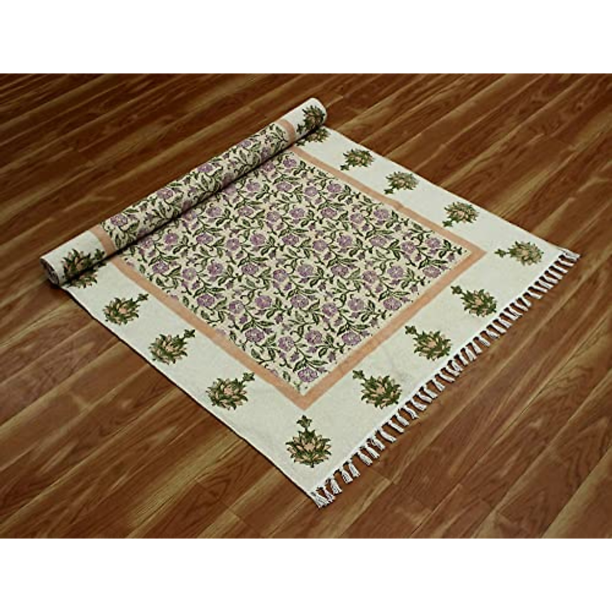 Casavani Hand Block Printed Cotton Dhurrie Floral Green & Pink Tassel Rug Easy Care Washable Rugs for Doormat Entryway Living Room Bedroom Hallway Balcony 9x9 Feet Square