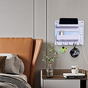 JUMEIHUI Bedside Shelf Wall Mount, Adhesive Bedside Shelf Accessories Organizer with Hooks and Cable Clips,Dorm Bedside Wall Storage for Phone, Remote, Earphone, Kindle,Plastic(White)