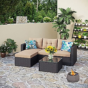 PHI VILLA 77" Wide Outdoor Rattan Sectional Sofa with Cushions - Small Patio Wicker Furniture Set (3 - Person Seating Group, Beige) Tabletop Fire Pit Included