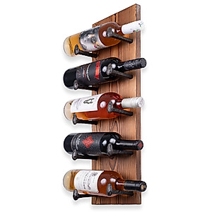 Rustic State Alicante Wall Mounted Reclaimed Wood Vertical Wine Rack Holder Shelf Organizer with Railroad Spike Cast Iron Hooks for 5 Bottles - Home, Kitchen, Dining Room Bar Décor - Walnut
