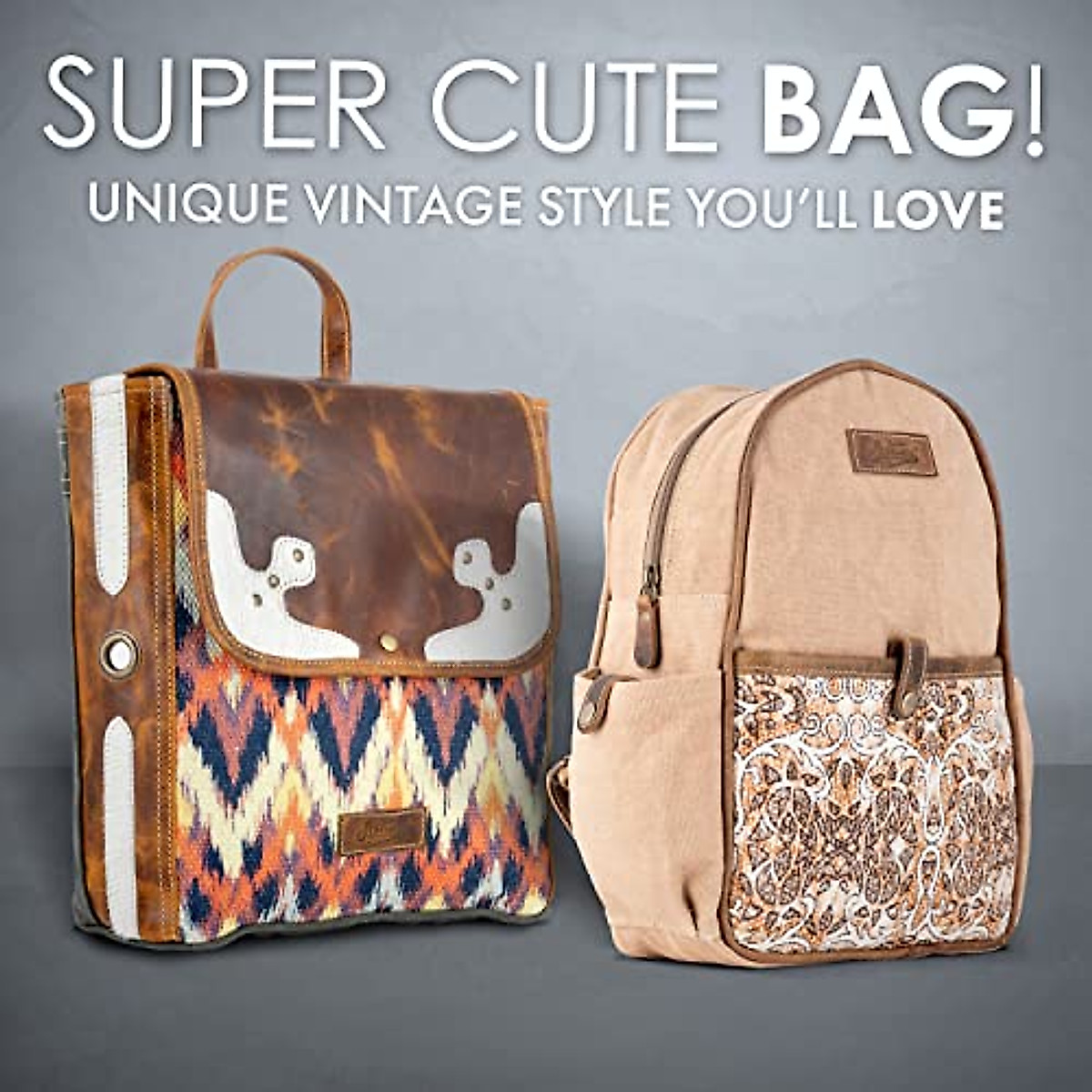 SIXTEASE Womens Fashion Backpack Chic Vintage Style Backpack Made with Genuine Leather, Upcycled Canvas, or Hair On - Large Interior with Multiple Inner and Outer Pockets - Cosmic Latte