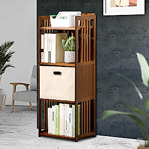 MoNiBloom 4 Tier Bookcase with Removable Storage Box, Bamboo Freestanding Ventilated Bookshelf Display Shelf for Office Living Room Bedroom Kitchen, Brown