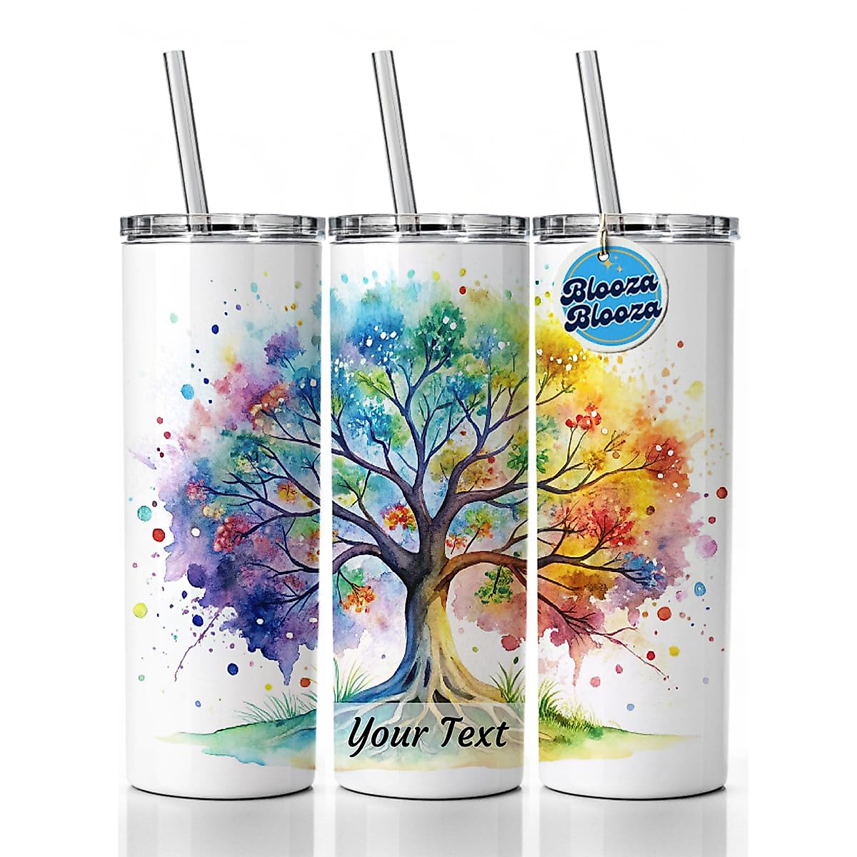Personalized Custom Name Text Tree Of Life Rainbow Watercolor Skinny Tumbler 20oz with Straw Insulated Water Bottle Gift - 1 Line Horizontal