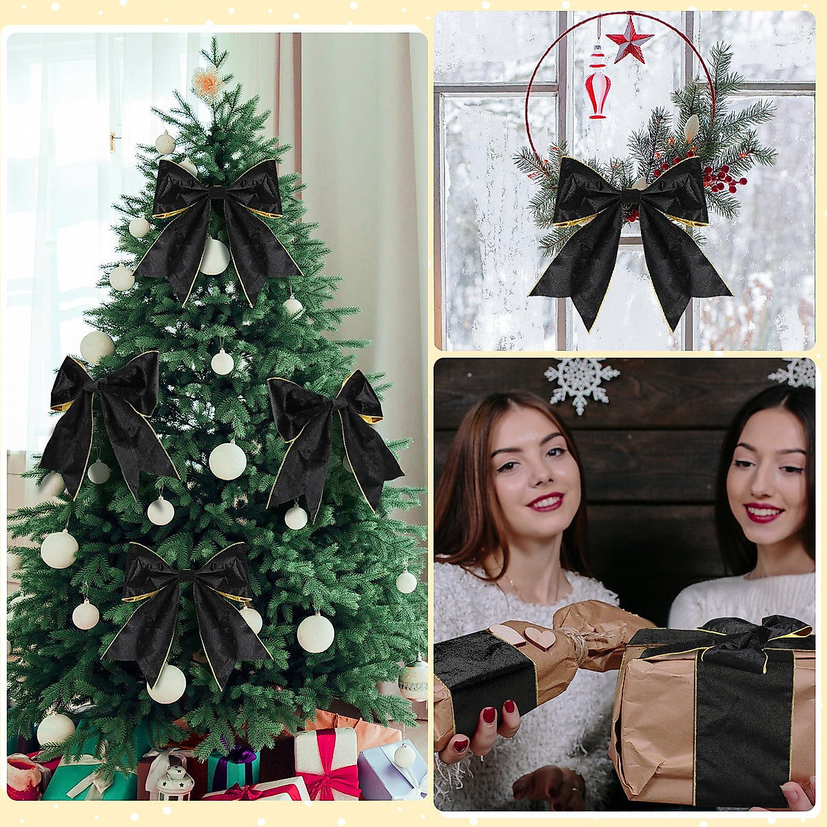 WILLBOND 2 Rolls Christmas Red Velvet Ribbon Wired Edge Trim Wrapping Fabric Christmas Ribbon for Gift Wrapping Bow Wedding Decoration Craft(4 Inch x 6 Yards,Black)