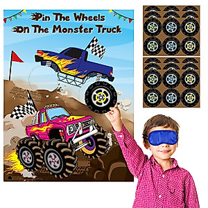 ANGOLIO Monster Truck Pin The Tail Games Party Supplies Pin The Wheels on The Monster Truck Poster Birthday Collection Favor Baby Shower Background Game Accessories for Kids (includes 2 Blindfolds)