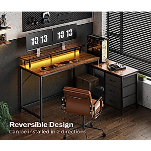 Huuger Reversible L Shaped Computer Desk with Drawers, Gaming Desk with LED Lights and Power Outlets, Office Desk with Storage, Corner Desk with Monitor Stand, for Home & Office, Rustic Brown