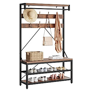 coucheta Industrial Storage Shoe Bench, 72" Mudroom Hall Tree with 8 Hanging Hooks, Rustic Brown