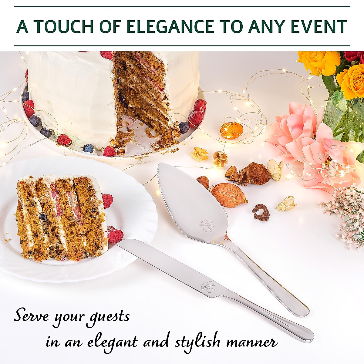 KUNDAGO Cake Cutting Set for Wedding - 2Pcs Cake Cutter and Cake Server Spatula - Food Grade Stainless Steel Cake Serving Set for Home, Wedding or Special Events - Wedding Cake Knife and Server Set