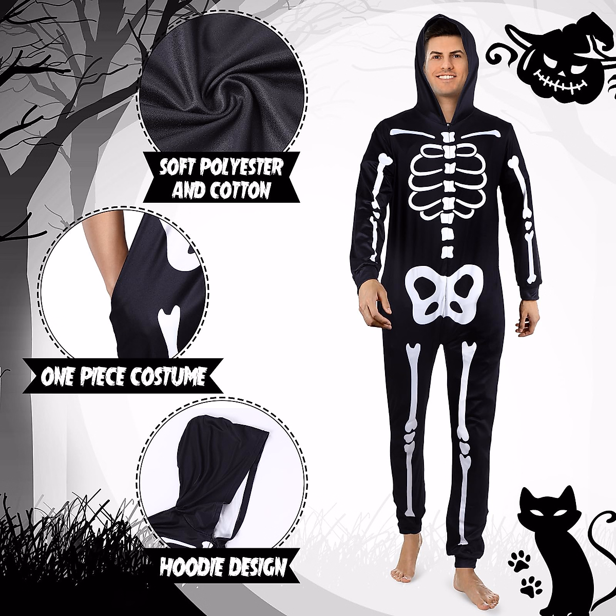 Liitrsh Halloween Skeleton Costumes Matching Family Jumpsuit with Hoodie Trick or Treat Pajamas for Women Men Kids Couple (Men,Large)