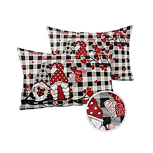 LEOSUCRE Pack of 2 Waterproof Decorative Pillow Covers, Valentines Day Plaid Throw Pillow Covers Rectangle Pillowcases Cushion Covers for Couch Patio Garden 20x12 Inch Love Gnome Tree Black and White