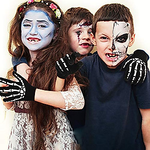 Cooraby 3 Pairs Kids Skeleton Touchscreen Gloves Halloween Glow in The Dark Full Finger Skull Bone Gloves