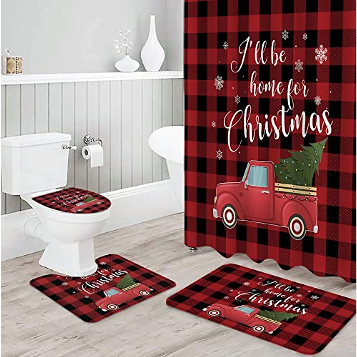 OneHoney 4 Piece Shower Curtain Sets with Non-Slip Rugs, Truck with Christmas Tree Bathroom Curtains Waterproof, Snowflakes on Red Buffalo Grid Decor Doormat, Toilet Lid Cover and Bath Mat