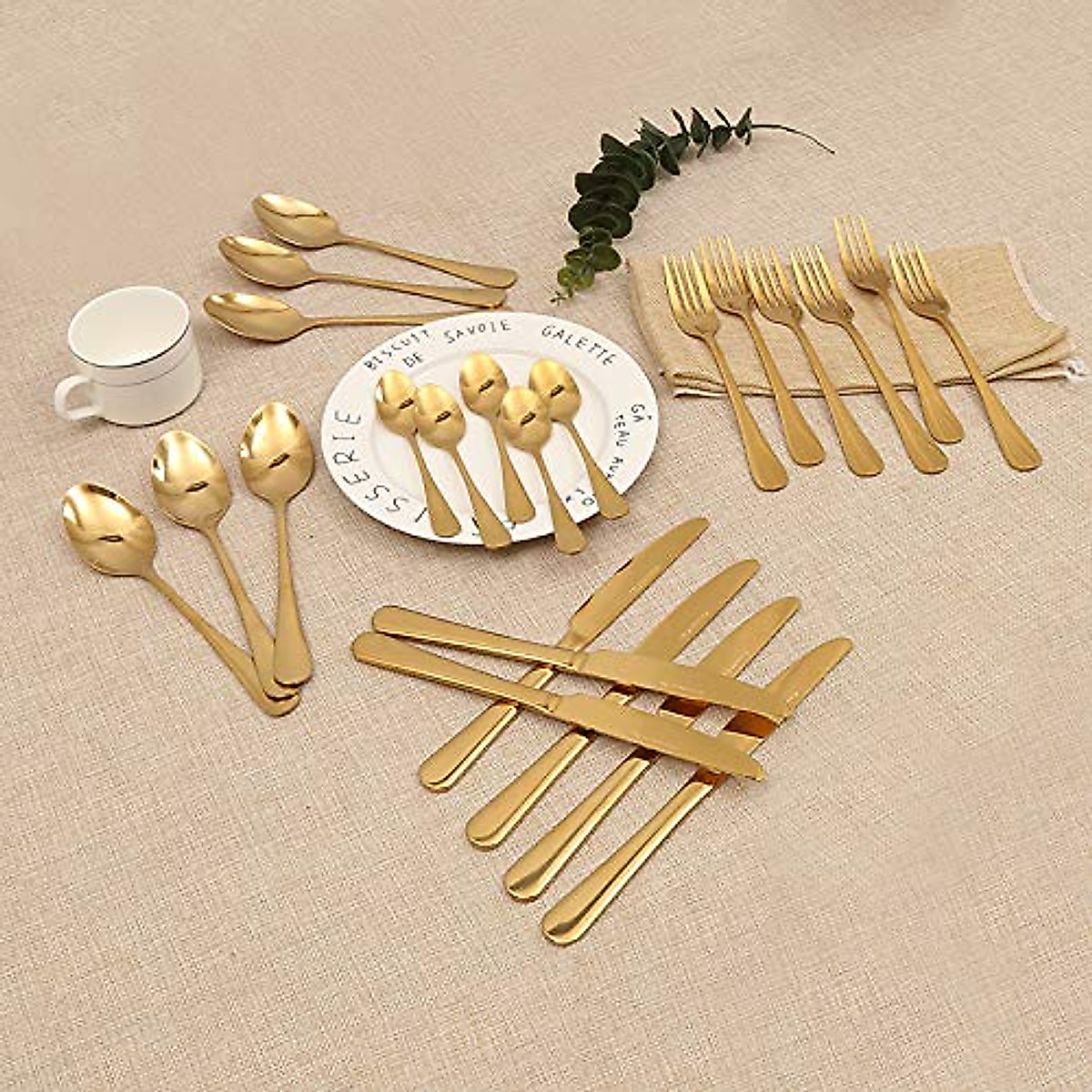 Lightahead 24pcs Stainless Steel Flatware Tableware Premier Quality Gold Colored Cutlery Set in attractive GoldenGift box (Golden)