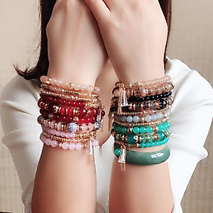 NSLS 5 Sets Boho Bracelets Bangle Pulsera for Women Multilayer Stackable Sparkly Crystal Beaded Stretch Aesthetic Brazalete(C)