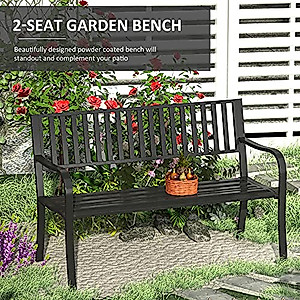 Outsunny 50" Garden Park Bench, Slatted Steel Outdoor Decorative Loveseat for Patio Lawn