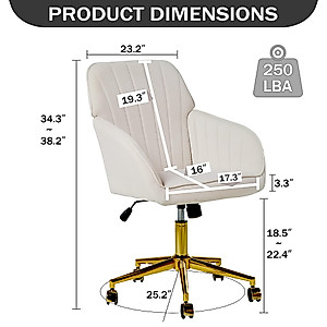YITAI Velvet Office Desk Chair with Wheels and Gold Base,Modern Height Adjustable 360 Degree Swivel Upholstered Vanity Chairs with Arms for Living Room Bedroom, Study,Cream