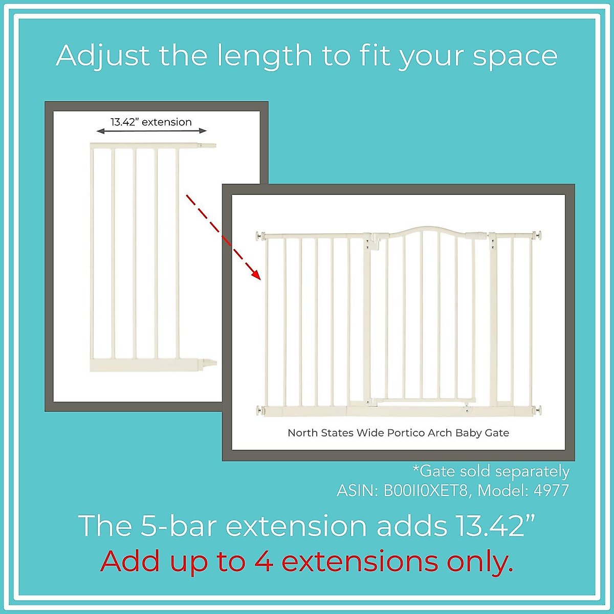 Toddleroo by North States 5 Bar Extension for Wide Portico Arch Baby Gate: Adjust your gate to fit your space - up to 60.5” wide with extension. No tools required. (Adds 13.42" width, Warm White)
