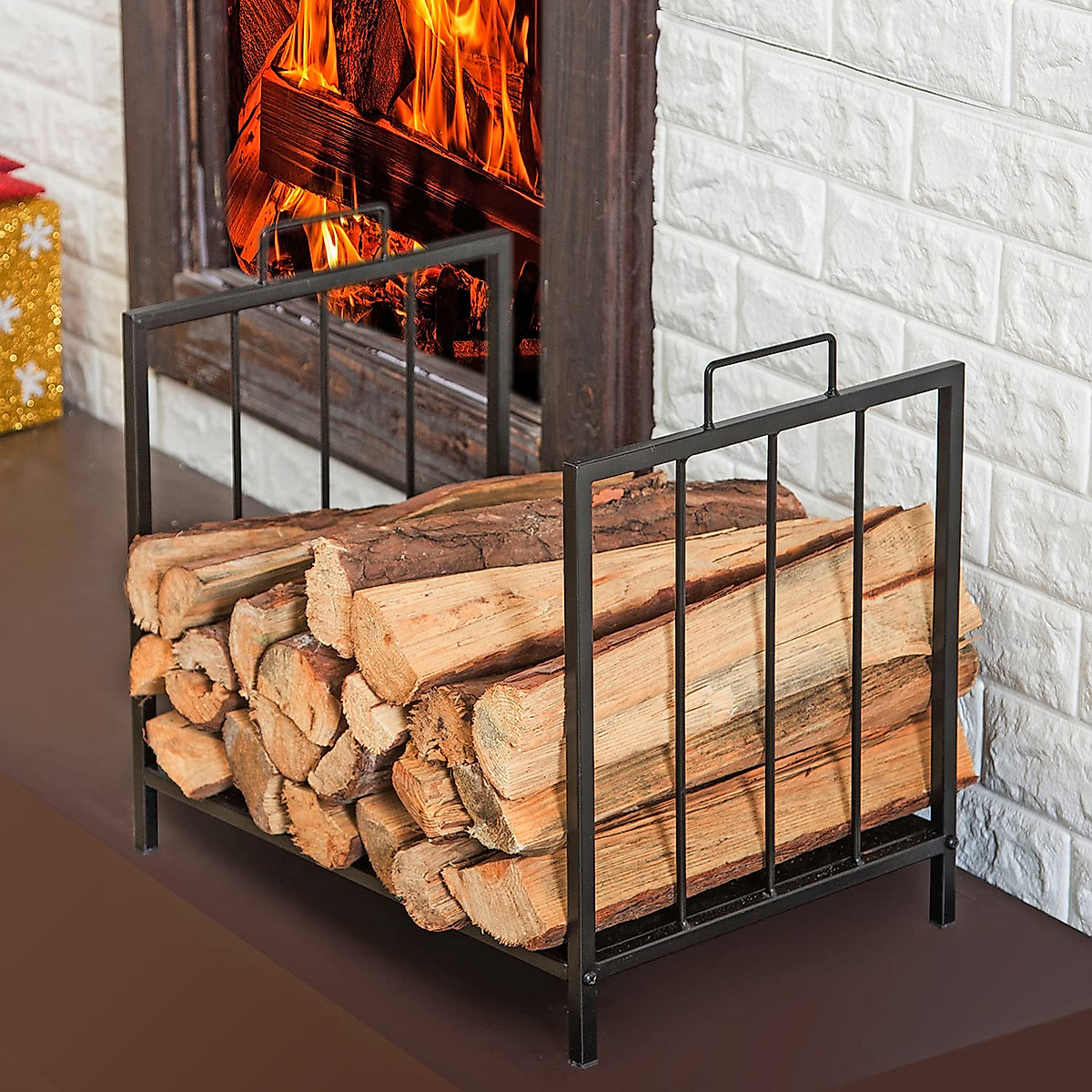 MyGift Compact Firewood Rack, Black Metal Fireplace Wood Log or Kindling Holder Organizer