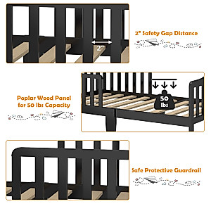 HONEY JOY Toddler Bed Frame, Solid Rubber Wood Frame w/Safety Guardrail, Fits Crib Full Size Mattress (Not Included), Children Classic Sleeping Bedroom Furniture for Kids Boys Girls (Black)