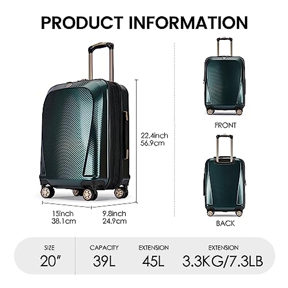GinzaTravel Luggage Expandable 3 Piece Sets Rare Color PC+ABS Suitcase Set with Smooth wheels and TSA lock