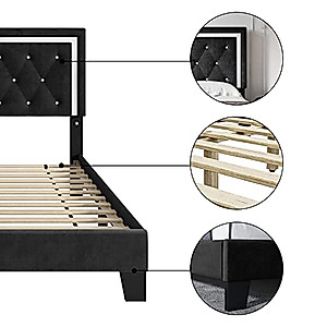 HITHOS Queen Bed Frame, Upholstered Platform Bed Frame with Modern Adjustable Headboard, Diamond Tufted Mattress Foundation with Wooden Slat Support, No Box Spring Needed, Easy Assembly (Queen, Black)