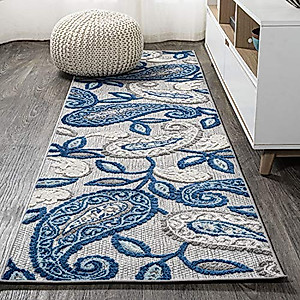JONATHAN Y AMC102C-28 Julien Paisley High-Low Indoor Outdoor Area-Rug Bohemian Floral Easy-Cleaning High Traffic Bedroom Kitchen Backyard Patio Porch Non Shedding, 2 X 8, Blue/Light Gray