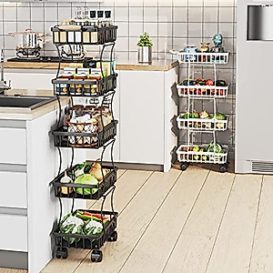 Wisdom Star 4 Tier Fruit Vegetable Basket for Kitchen, Storage Cart, Vegetable Basket Bins, Wire Storage Organizer Utility Cart with Wheels, Medium, Black