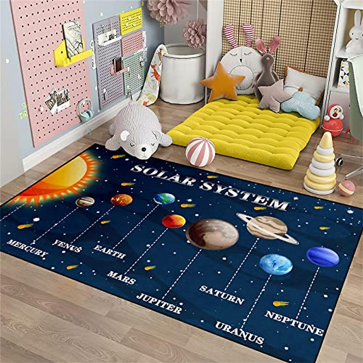 Boys Space Area Rugs for Bedroom Educational Learning Large Carpet Rug Indoor Sofa Floor Mats Solar System Space Theme Living Bedroom Dining Room Decor Crystal Polyester Area Rug Door Mats, 3'×5'