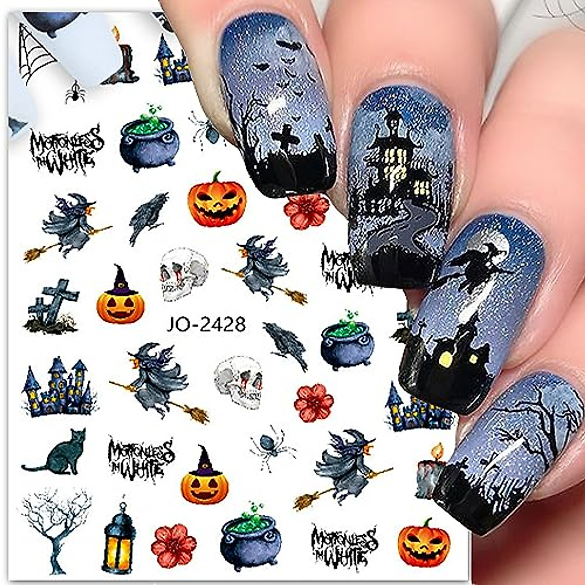 Halloween Nail Art Stickers Decals 6 Sheets Halloween Theme 3D Nail Stickers Halloween Nail Art Supplies Pumpkin Ghost Puppet Dolls Bats Terror Castle Witches Design Stickers for Women Kids