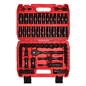 LLNDEI 3/8”Drive Impact Socket Set,Standard SAE(5/16 to 3/4-Inch) Metric Size(8-22mm), 95 Piece, CR-V Steel Deep&Shallow Kit, Adapters, Ratchet Handle, Screwdriver Bit Set, Spark Plug Socket, 6 Point