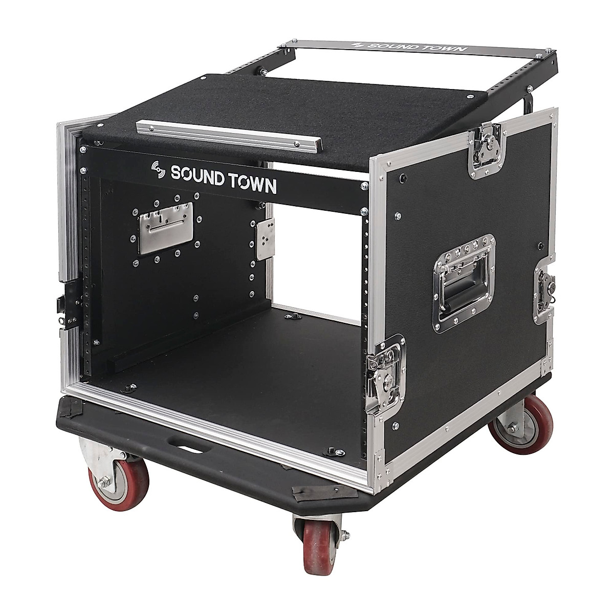 Sound Town Enhanced Thickness 1/2” (12mm) Plywood 8U Audio Rack/Road ATA Case with 11U Slant Mixer Top, 20’’ Rackable Depth, Casters, 8 Space Size, Pro Tour Grade (STMR-8UW)