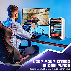 TNP Universal Video Game Storage Tower for PS5, PS4, PS3, Nintendo Switch, Xbox One, Xbox Series S/X - White Video Game Holder Organizer Stand with 12 CD Case Storage for Organizing & Displaying