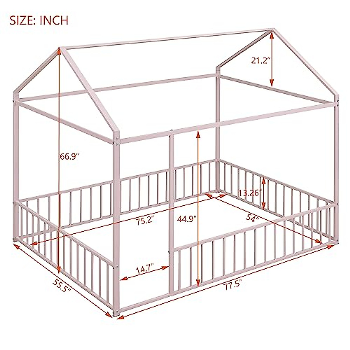 HBRR Full Size Montessori House Bed for Kids, Metal Floor Beds with Fence Railings & Roof, Full Playhouse Bed for Boys Girls, Box Spring Needed, Pink