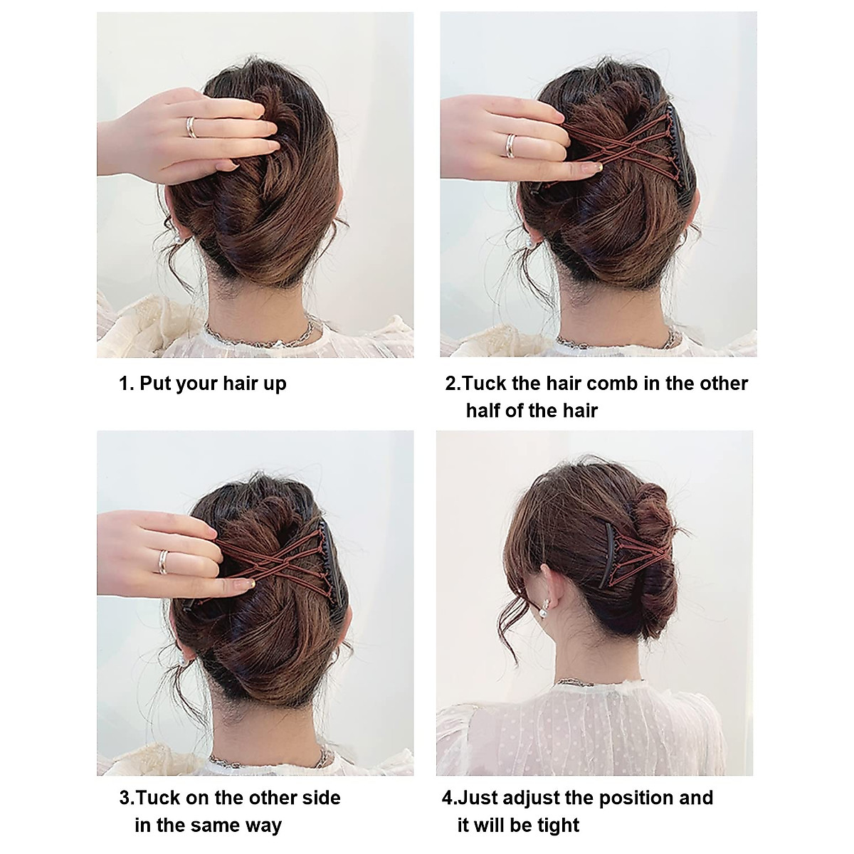 MAORULU 4 Pieces Magic Hair Combs for Women Accessories, Adjustable Elastic Hair Comb Clips for Thick Curly Thin Hair (Coffee and Black)