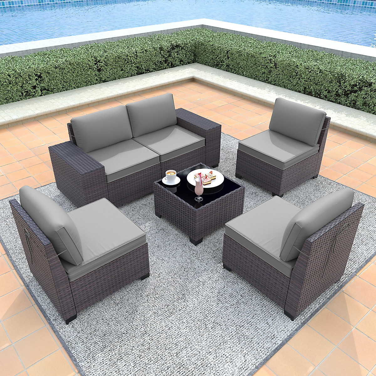 Gotland 6-Piece Patio Furniture Set, All-Weather PE Rattan Outdoor Sectional with Replaceable Grey Waterproof Cushions and Coffee Table