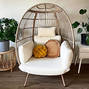 YITAHOME Egg Chair Wicker Outdoor Indoor, Oversized Lounger with 370lbs Capacity Large Egg Chairs with Stand Cushion Egg Basket Chair for Patio, Balcony, Bedroom - Beige