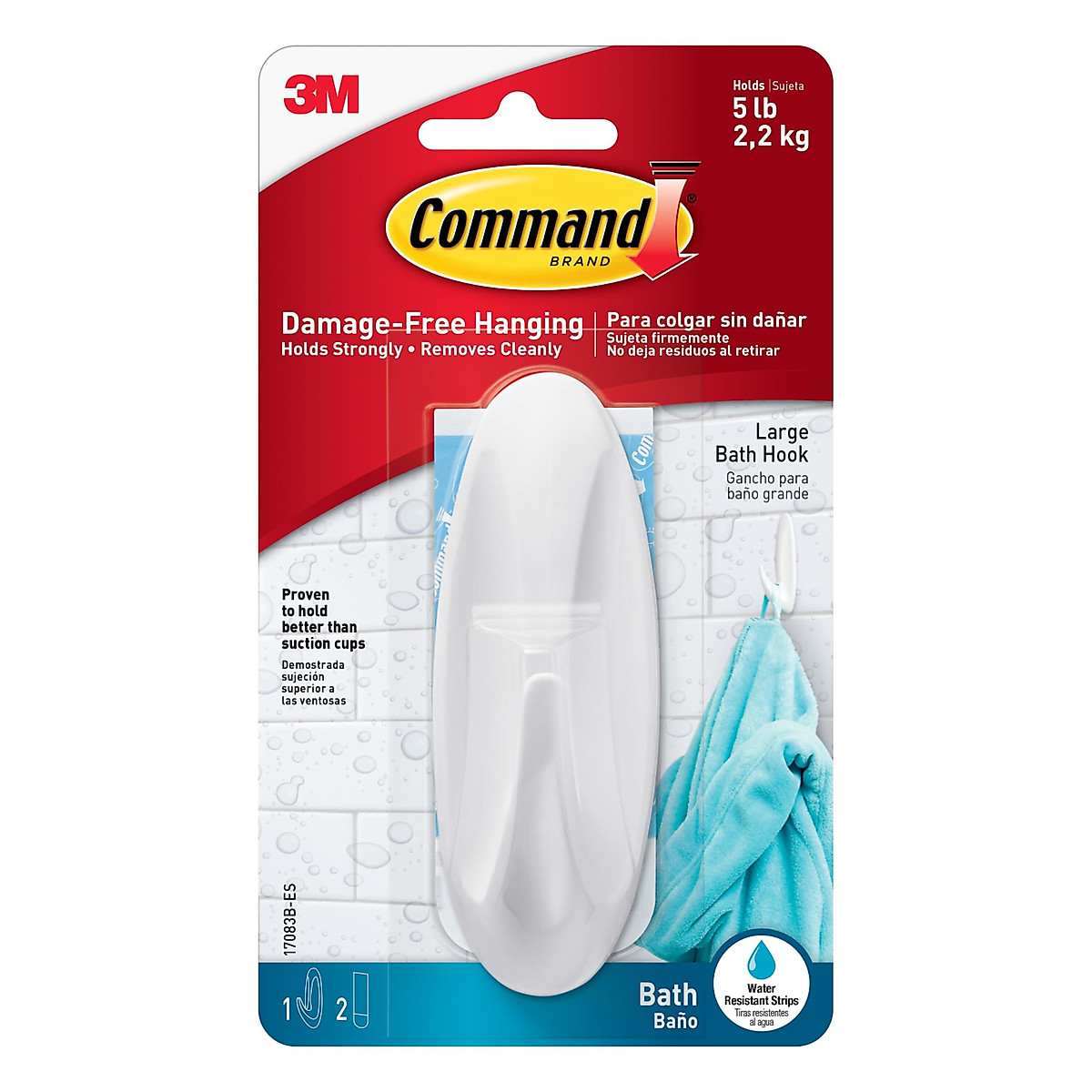 Command Designer Bath Hook, Large, White, 1-Hook with Water-Resistant Strips (17083B-ES), Organize your dorm